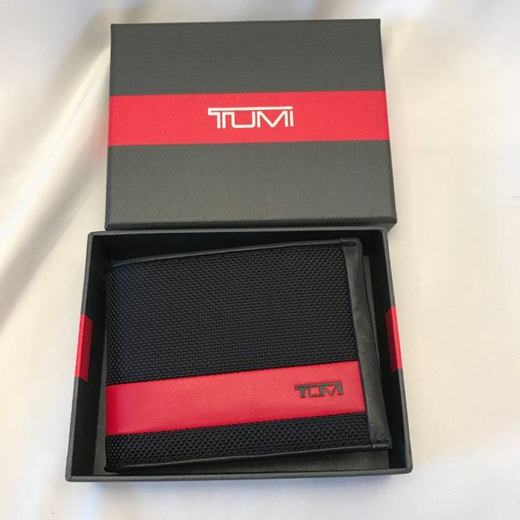 Tumi | Bags | Tumi Alpha Slg Double Bifold Wallet Black Red Ballistic ...